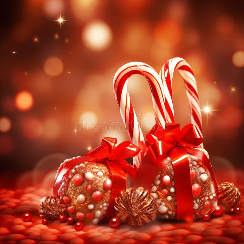 Two Candy Canes and Two Present Boxes with Red Ribbons on a Red ...