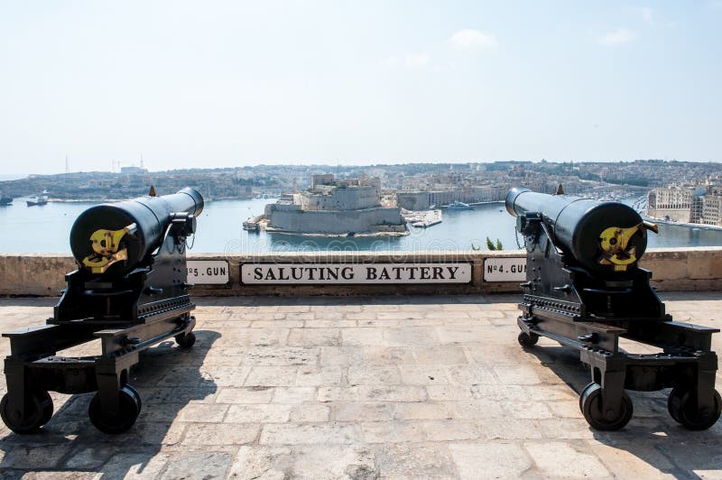 Two Cannons in Saluting Battery on Valletta Castle, Malta Stock Photo ...
