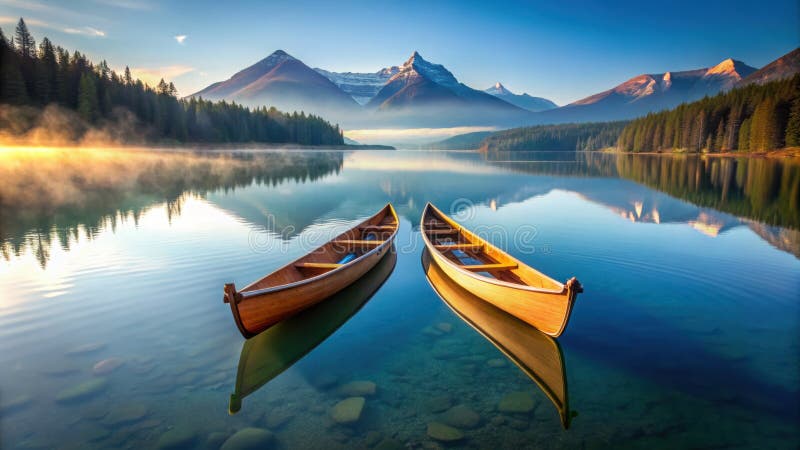 Two Canoes Aligned Parallel on a Serene Lake Surrounded by Lush ...