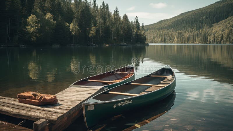 Two Canoes on a Dock in a Mountain Lake Stock Illustration ...