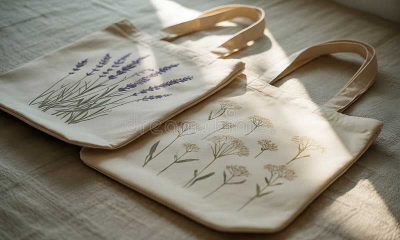 Two Canvas Tote Bags with Floral Designs on a Textured Surface Stock ...