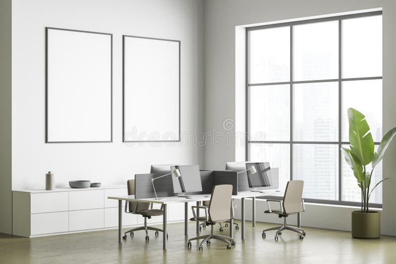 Two Canvases on Wall in Panoramic White and Olive Office. Corner View ...