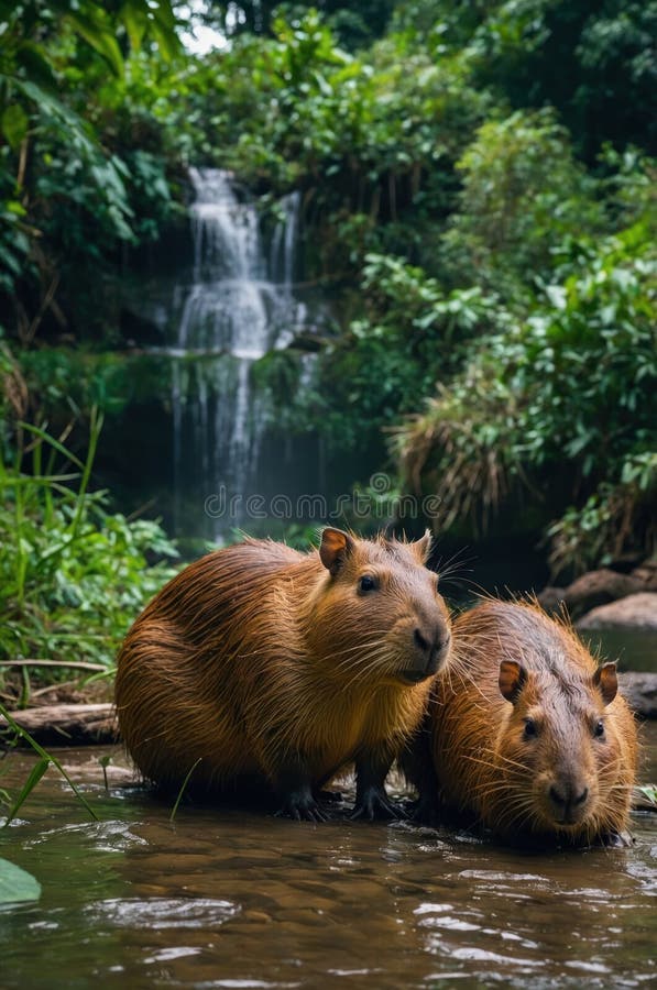 Two Capybaras Relaxing by a Waterfall in Lush Rainforest Stock Illustration - Illustration of ...