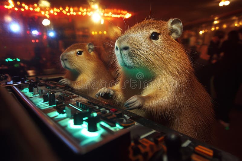 Two Capybaras Playing a Synthesizer, Performing As Djs at a Lively ...