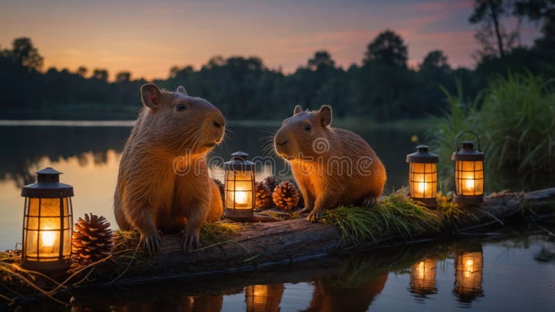 Two Capybaras Enjoying a Romantic Sunset by the Lake Stock Illustration ...