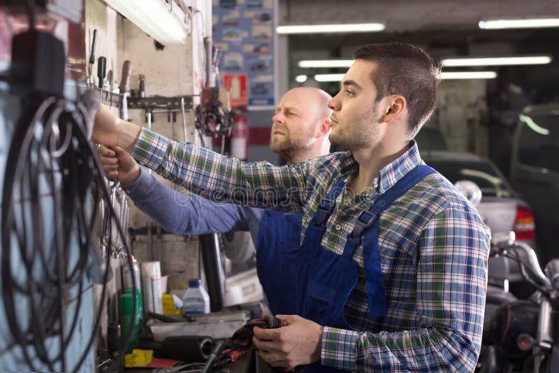 Two Car Mechanics at Workshop Stock Image - Image of indoors, helper ...