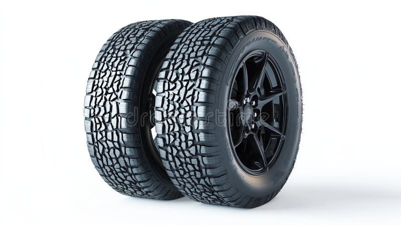 Two Car Tires with Detailed Tread Patterns Standing on a White ...