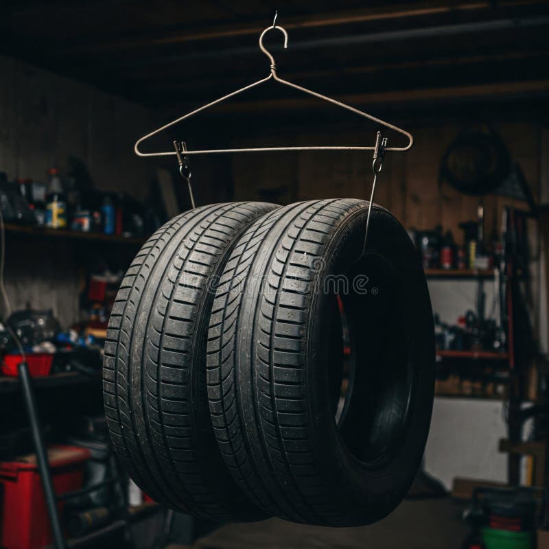 Two Car Tires are Hanging on a Hanger. Stock Image - Image of mobility ...