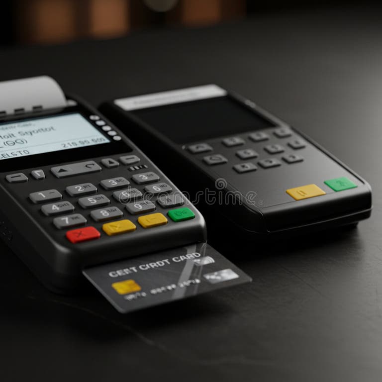 Two Card Payment Terminals are Placed on a Dark Surface. the Terminal ...