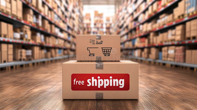 Two Cardboard Boxes with "free Shipping" Label in Warehouse Aisle Stock ...