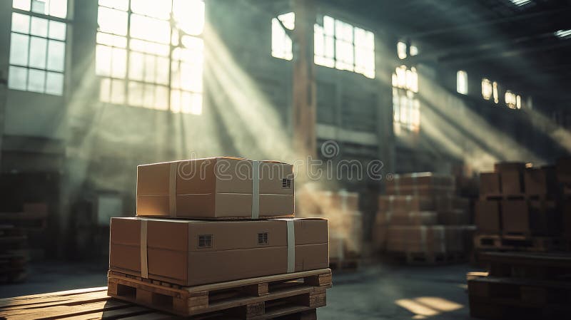 Cardboard Boxes Stacked on Pallet in Industrial Warehouse with Sunlight ...