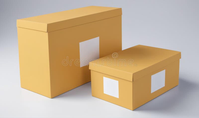 Two Cardboard Boxes with White Labels Sit on a White Surface Stock ...