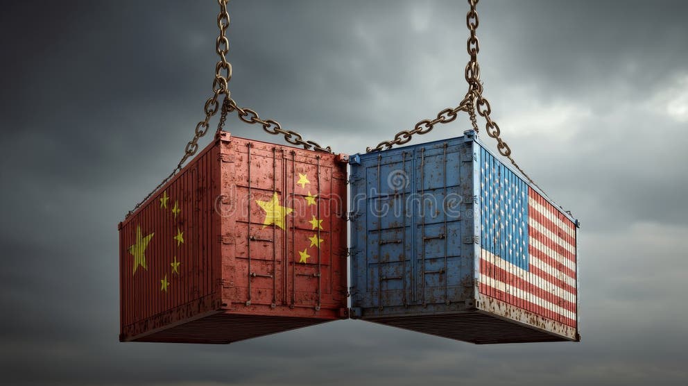 Two Cargo Containers with the Chinese and American Flags Suspended on ...