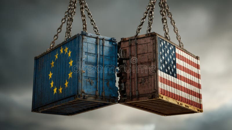 Two Cargo Containers with the European and American Flags Suspended on ...