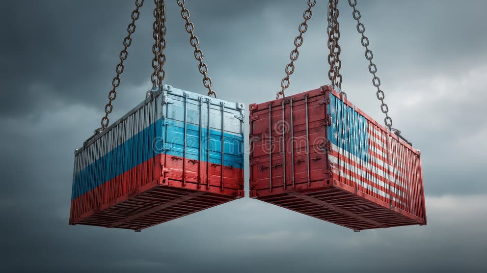 Two Cargo Containers with the Russian and American Flags Suspended on ...