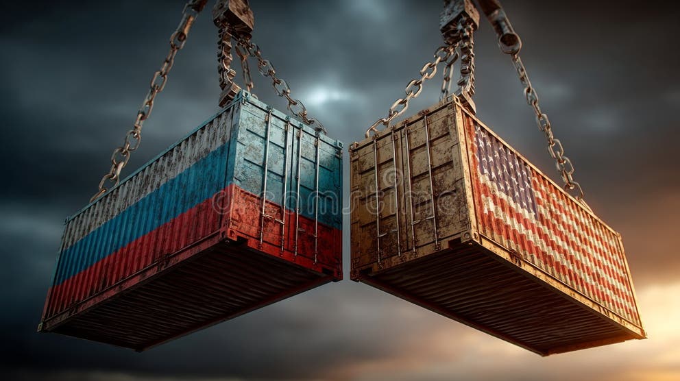 Two Cargo Containers with the Russian and American Flags Suspended on ...