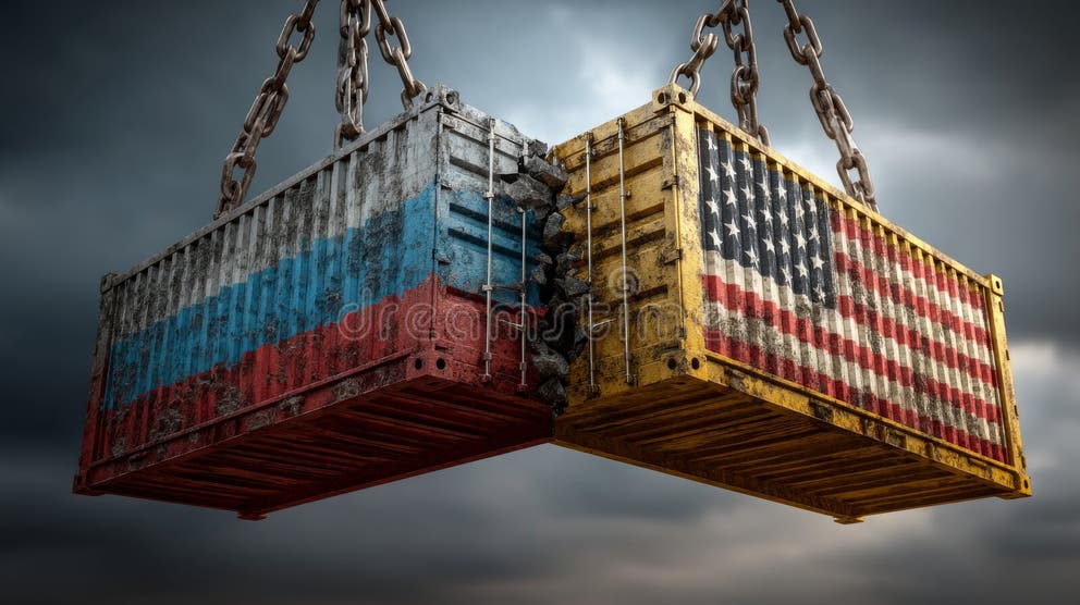 Two Cargo Containers with the Russian and American Flags Suspended on ...