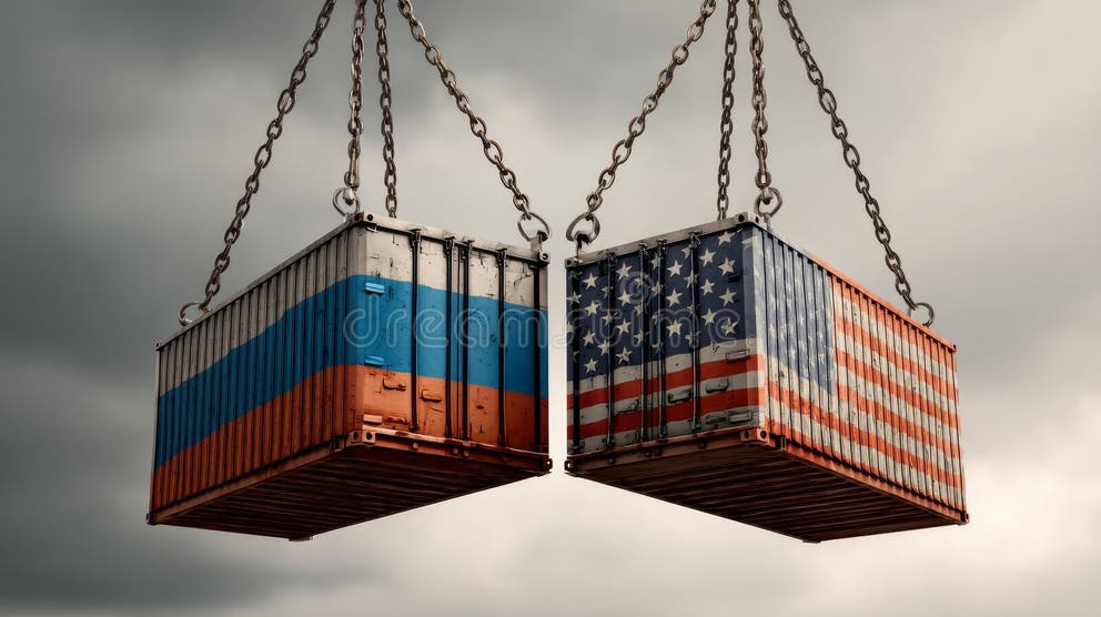 Two Cargo Containers with the Russian and American Flags Suspended on ...