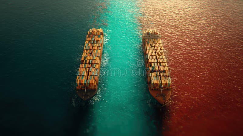 Two Cargo Ships Sailing on Teal and Ocean Stock Image - Image of ...