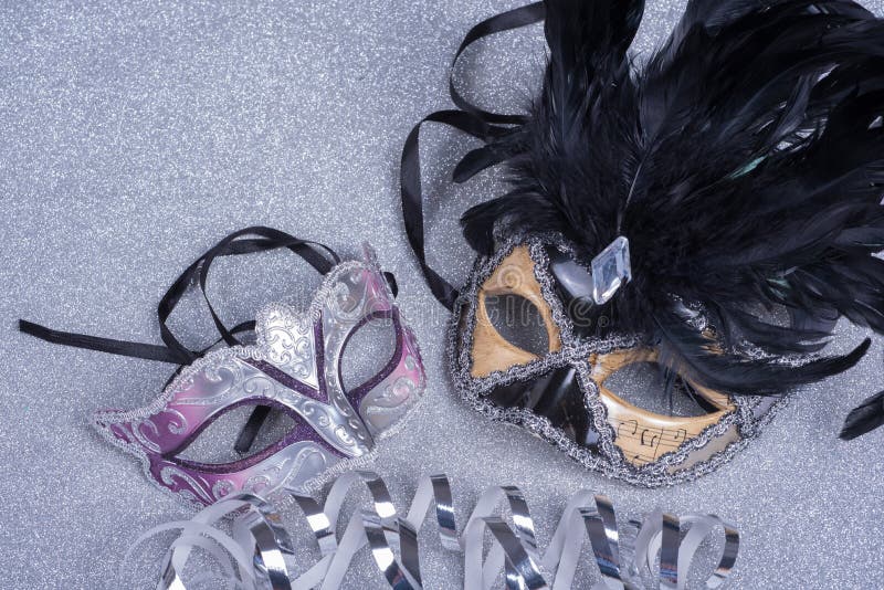 Two Carnival Masks with Feathers on Glitter Stock Image - Image of ...