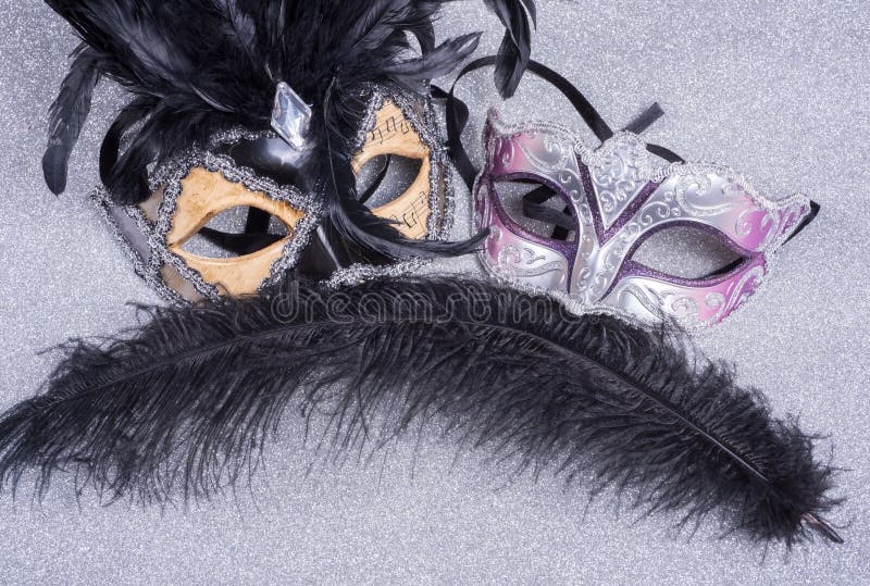 Two Carnival Masks with Feathers on Glitter Stock Image - Image of ...