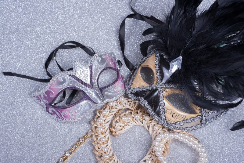 Two Carnival Masks with Feathers on Glitter Stock Image - Image of ...
