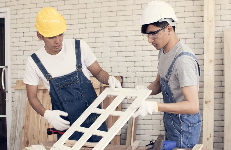 Two Carpenters is Making Wooden Window Stock Image - Image of interior ...