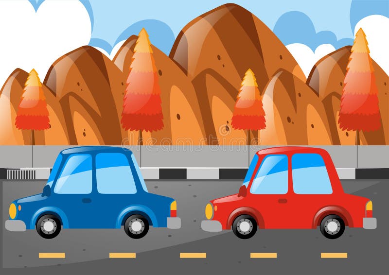 Two Cars Driving on the Road Stock Vector - Illustration of hills ...