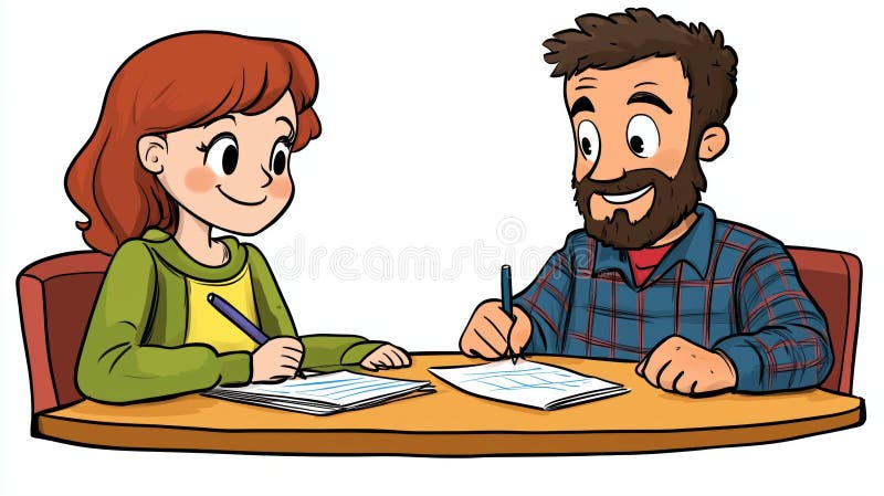 Two Cartoon Adults Writing Notes while Studying Together at a School ...