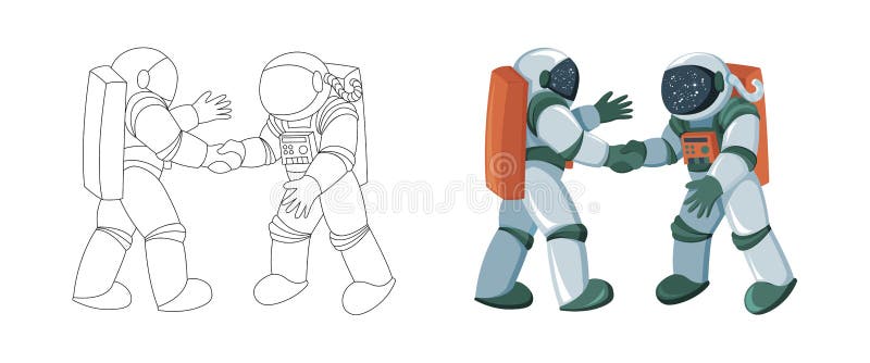 Cartoon Astronauts Meeting and Handshake in Space Isolated on White ...