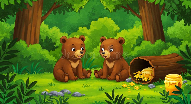 Two Cartoon Bear Cubs Sit in a Lush Forest Setting Surrounded by Tall ...