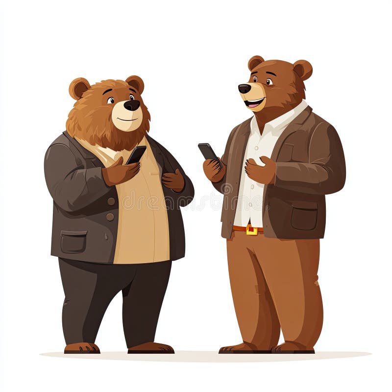 Two Cartoon Bears in Suits Using Smartphones, Engaging in Conversation ...