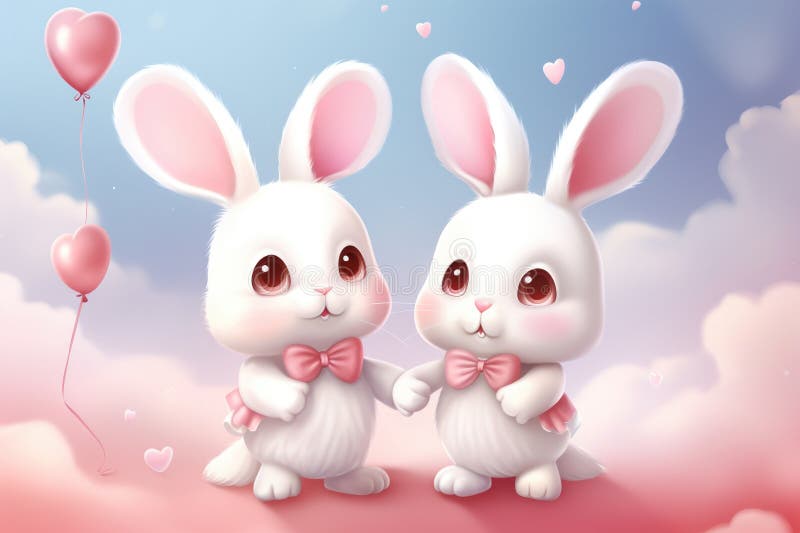 Two Cartoon Bunnies with Heart Balloons Stock Illustration ...