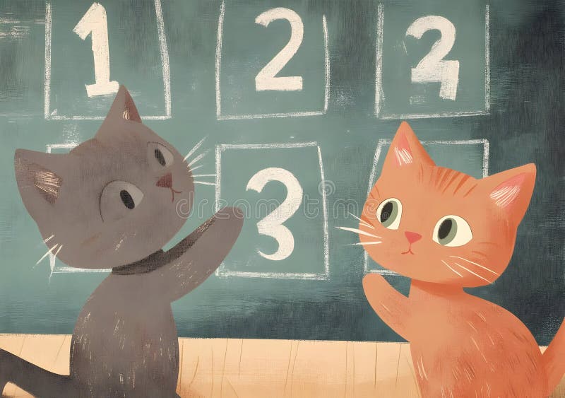 Two Cartoon Cats Interact with Numbers on a Chalkboard, Suggesting a ...