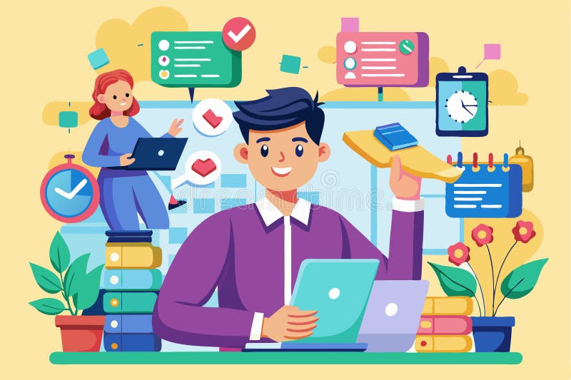 Two Cartoon Characters are Busy Organizing Various Projects while Using ...