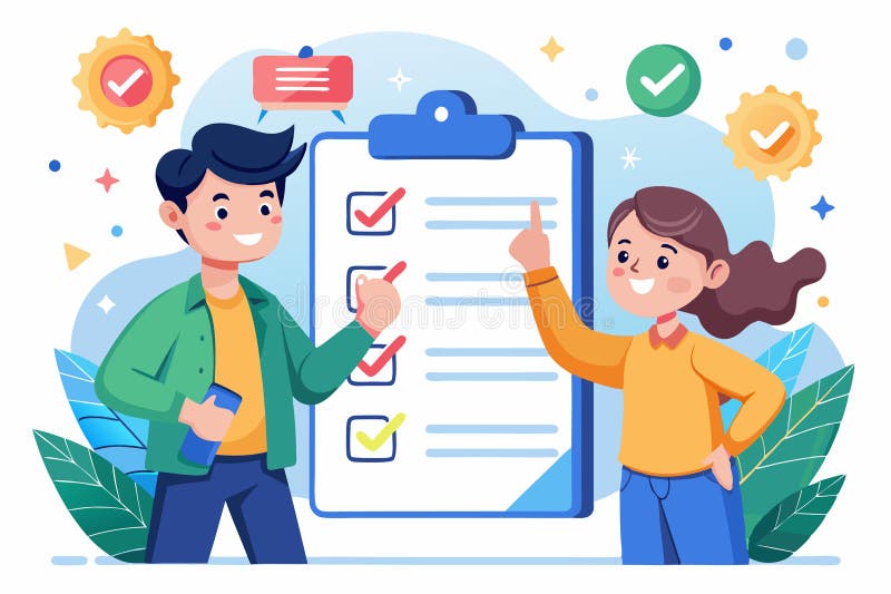 Two Cartoon Characters Celebrate Completing Tasks on a Checklist during ...