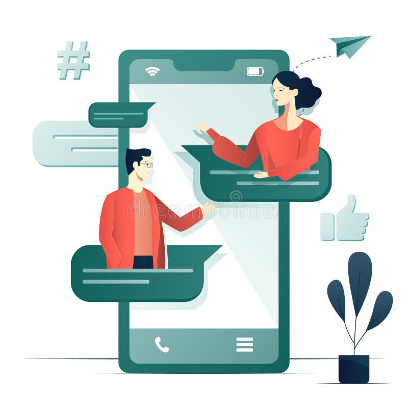 Two Cartoon Characters are Chatting on a Mobile Phone. Messages Concept Illustration Stock ...