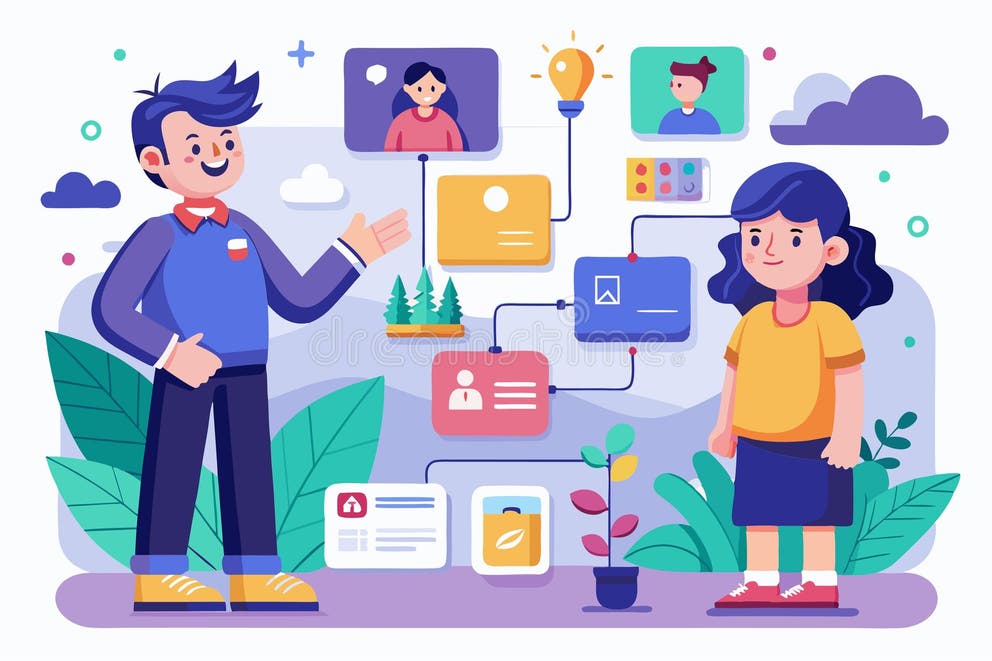 Two Cartoon Characters Interact in a User Flow, Showcasing Customizable ...