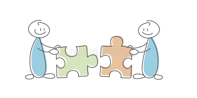 Two Cartoon Characters Move and Connect Two Pieces of the Puzzle ...