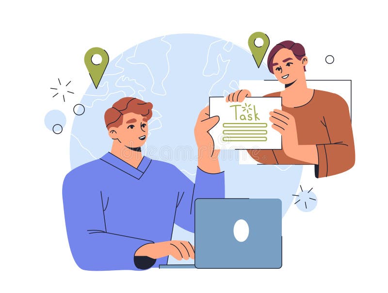 Two Cartoon Characters Planning a Task with a World Map Background ...