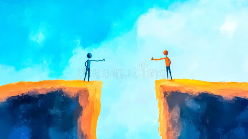 Two Cartoon Characters Reaching Out Across a Divide on Cliffs Stock ...