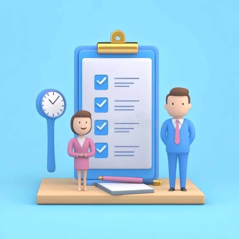 Two Cartoon Characters Review a Checklist on a Clipboard with a Clock ...