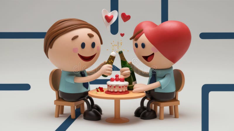 Two Cartoon Characters are Sitting at a Table with Cake and Champagne ...