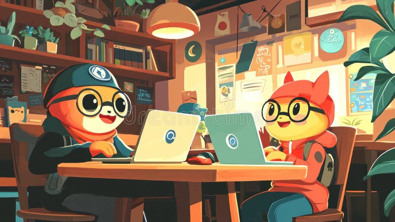 Two Cartoon Characters Working on Laptops in a Cafe Stock Image - Image ...