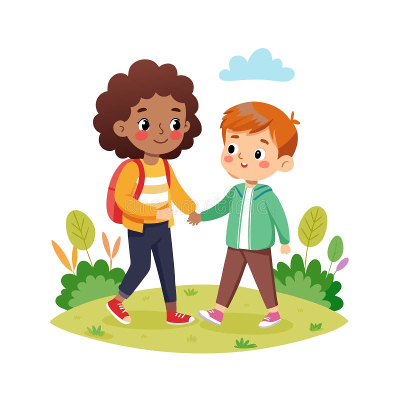 Two Cartoon Children Holding Hands Walking Together on a Grassy Patch ...