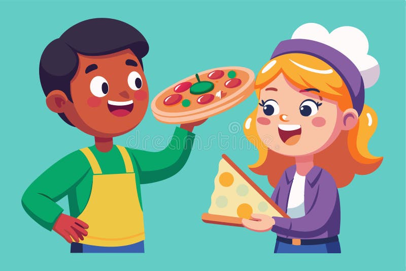 Two Cartoon Children Share a Delicious Pizza, Pizza Sharing ...