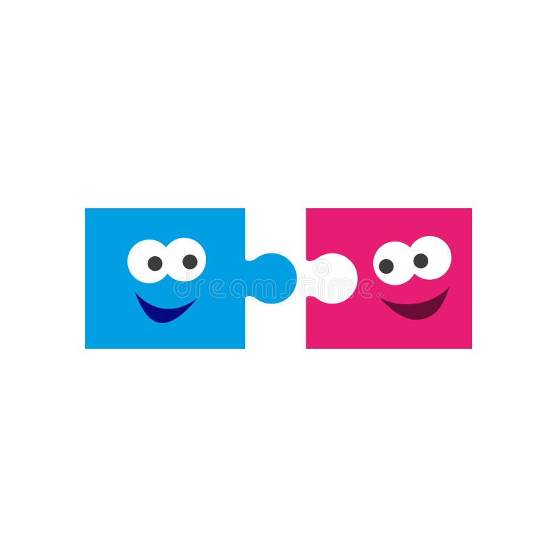 Two Cartoon Cute Puzzle Pieces with Funny Faces. Stock Vector ...