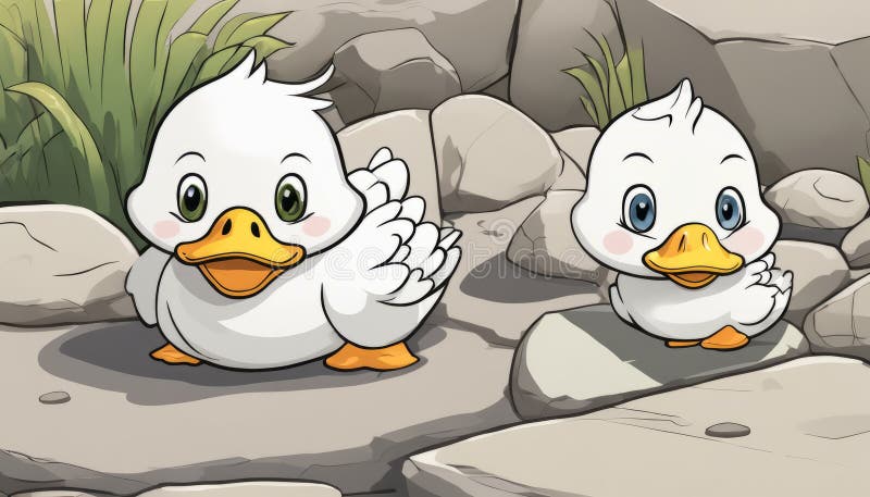 Two Cartoon Ducks Standing on Rocks Stock Illustration - Illustration ...