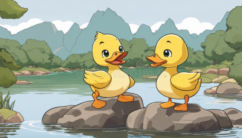 Two Cartoon Ducks Standing on Rocks in a River Stock Illustration ...