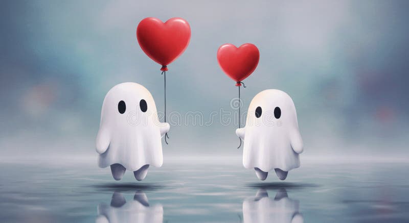 Two Cartoon Ghosts with Rounded Bodies and Simple Black Eyes Float Over ...